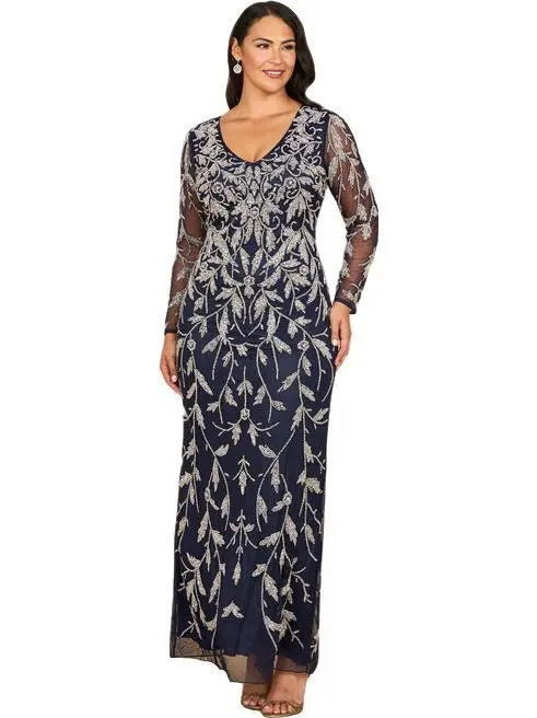 LARA NEW YORK Long Sleeve Beaded Gown - Navy