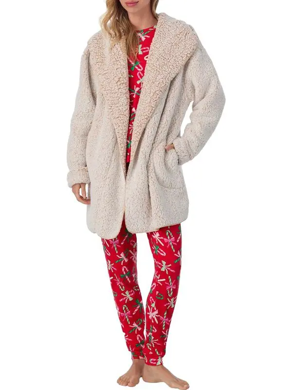 ROOM SERVICE Hooded Open-front Fleece Lounge Jacket - Tan Print