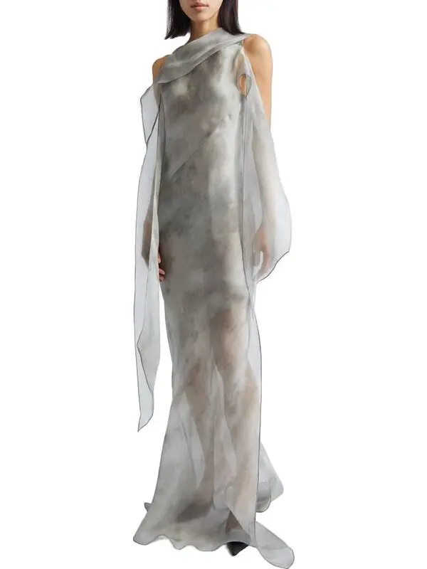 GRACE LING Bias Cut Silk Chiffon Scarf Gown - Fog Grey