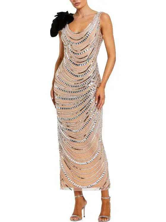 Mac Duggal Mesh Beaded 3d Flower Cowl Back Ankle Dress - Silver Nude