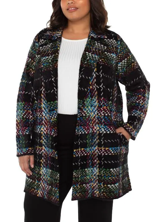 LIVERPOOL Plaid Open Front Sweater Coat - Black Multi Plaid