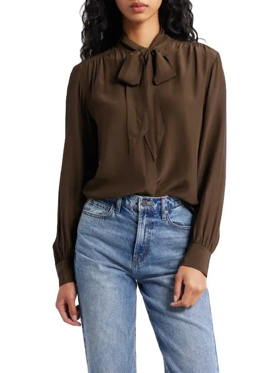 Madewell Tie Neck Long Sleeve Top - Dark Mocha