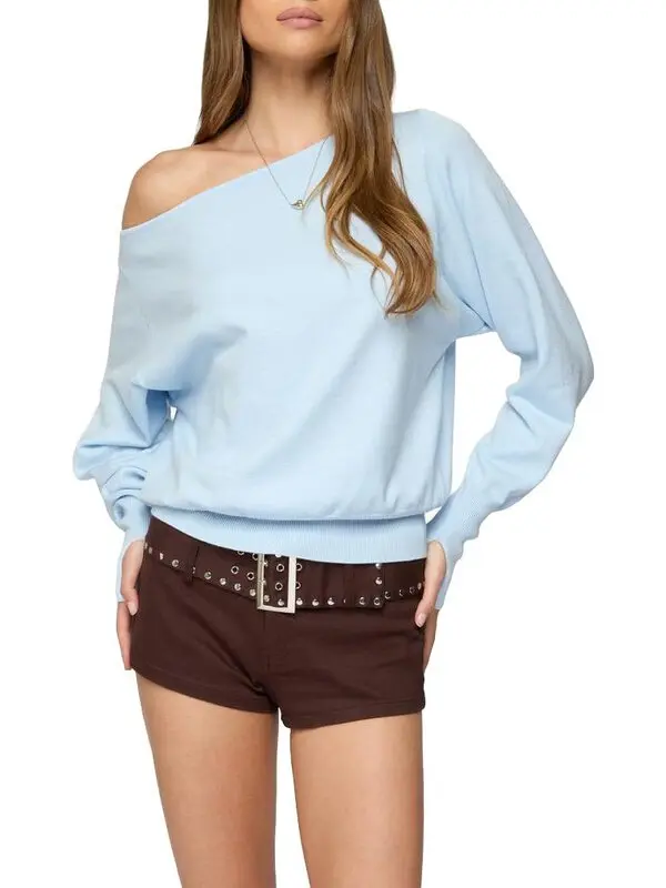 EDIKTED Oversized Off-the-shoulder Sweater With Thumbhole Cuffs - Light-blue