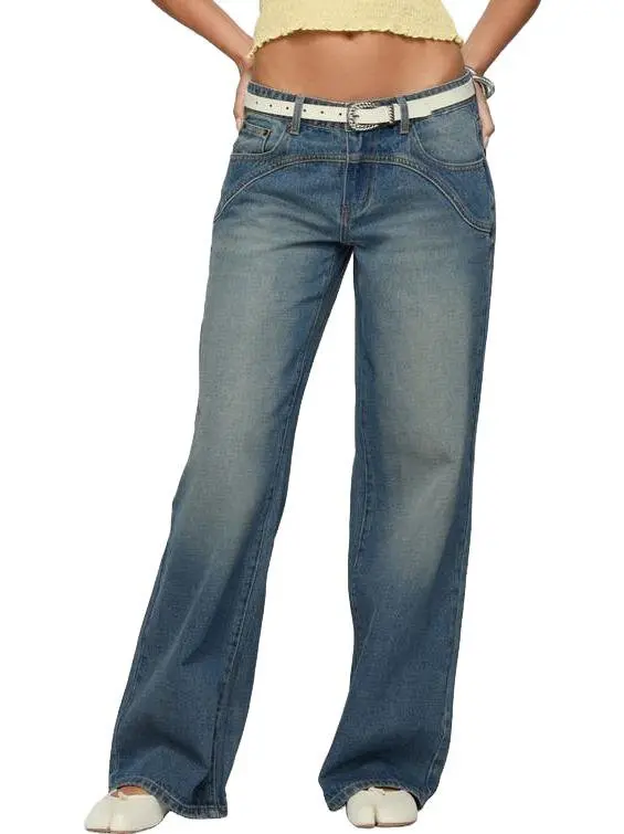 EDIKTED Ronny Curved Seam Wide Leg Jeans - Blue-washed