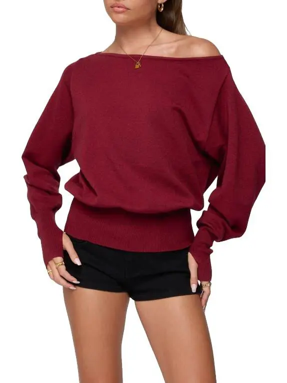 EDIKTED Oversized Off-the-shoulder Sweater With Thumbhole Cuffs - Burgundy