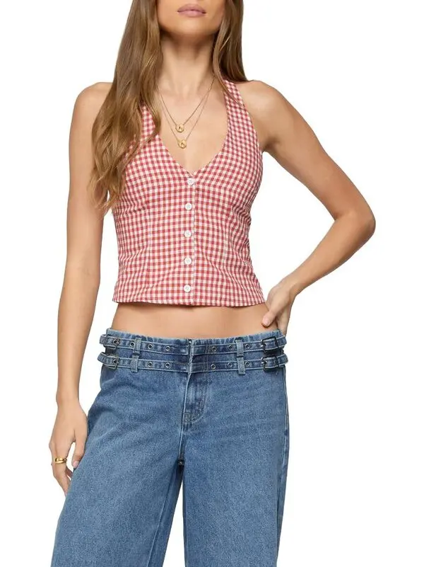EDIKTED Gingham Cotton Halter Top - Red