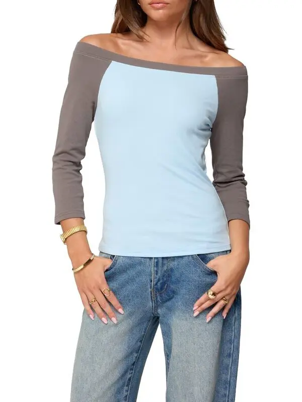 EDIKTED Keri Contrast Off-the-shoulder Raglan Top - Light-blue