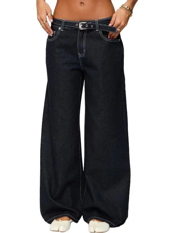 EDIKTED Karah Belted Low Rise Wide Leg Jeans - Dark-blue