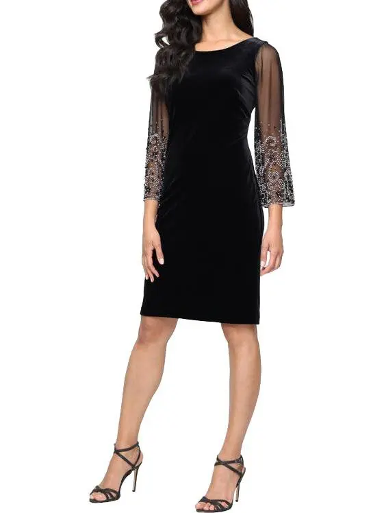 Alex Evenings Embellished Sheer Sleeve Stretch Velvet Sheath Dress - Black