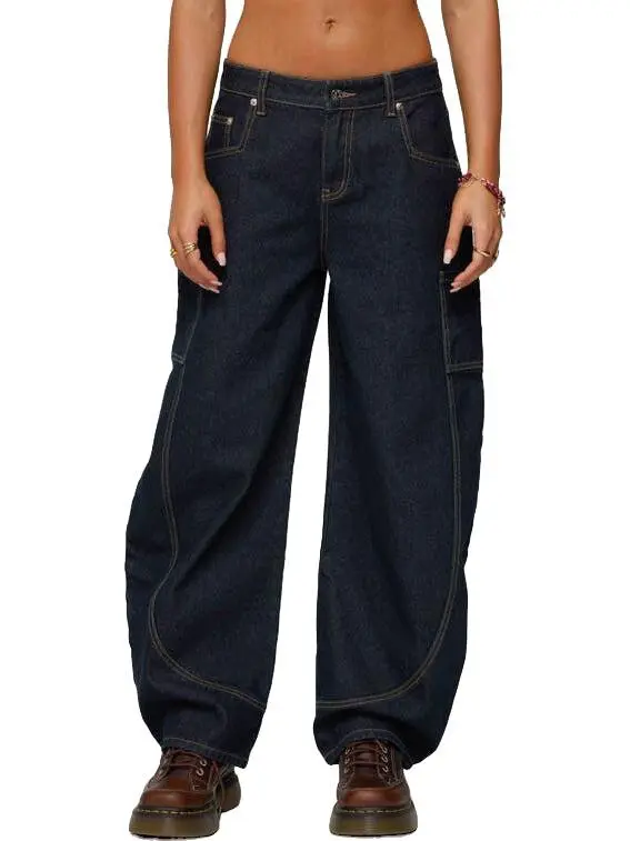 EDIKTED Low-rise Barrel Leg Jeans - Dark-blue