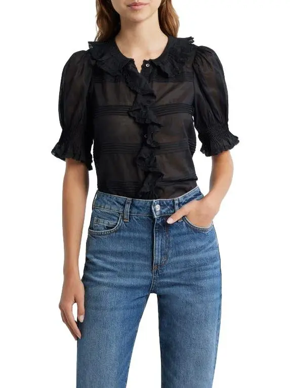 DÔEN Balsam Pintuck Ruffle Organic Cotton Top - Black
