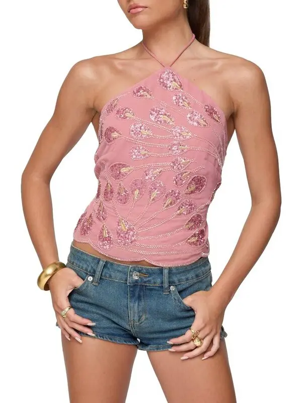 EDIKTED Beaded Sequin Halter Top - Pink