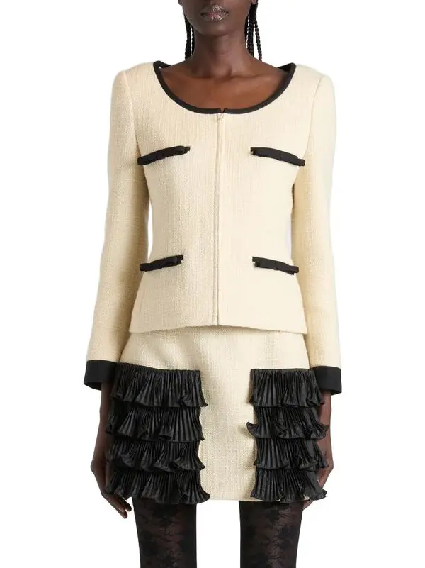 Valentino Garavani Bow Detail Virgin Wool Blend Tweed Jacket - Beige/black