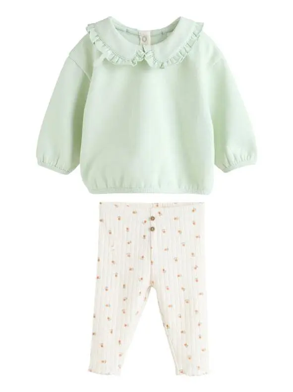 NEXT Frill Collar Sweater & Printed Leggings Set - Green