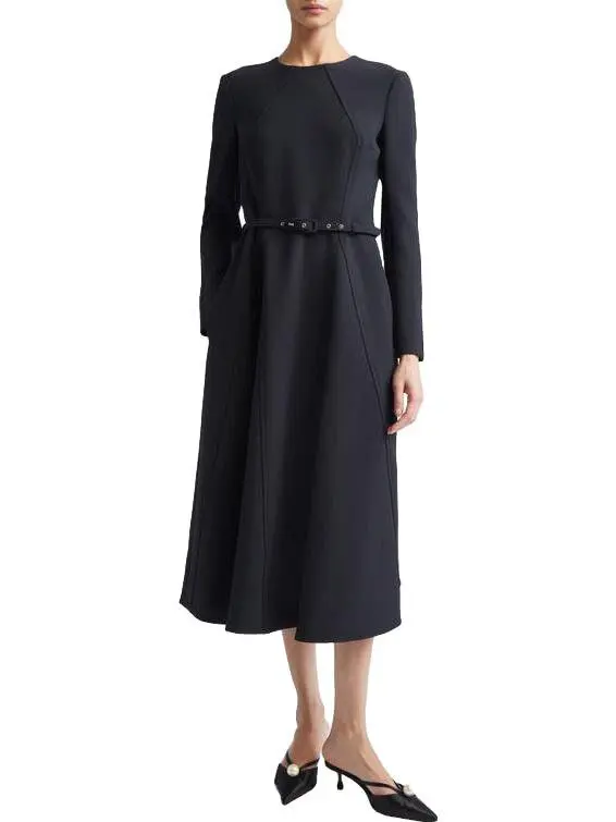EMILIA WICKSTEAD Uccelina Belted Long-sleeve Bird's-eye Suiting Fit & Flare Dress - Black