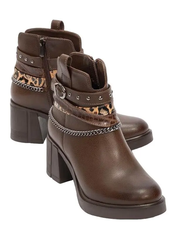 PROLOGUE SHOES Boliva Buckled Chain Block Heel Boots - Brown Faux Leather