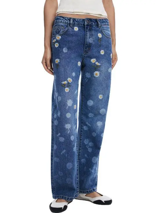 Desigual Daisy Embroidered Wide Leg Jeans - Medium Blue