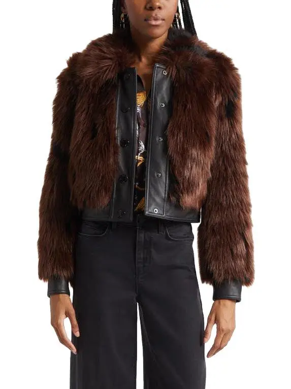 L'Agence Claira Faux Leather Trim Faux Fur Jacket - Coffee Bean