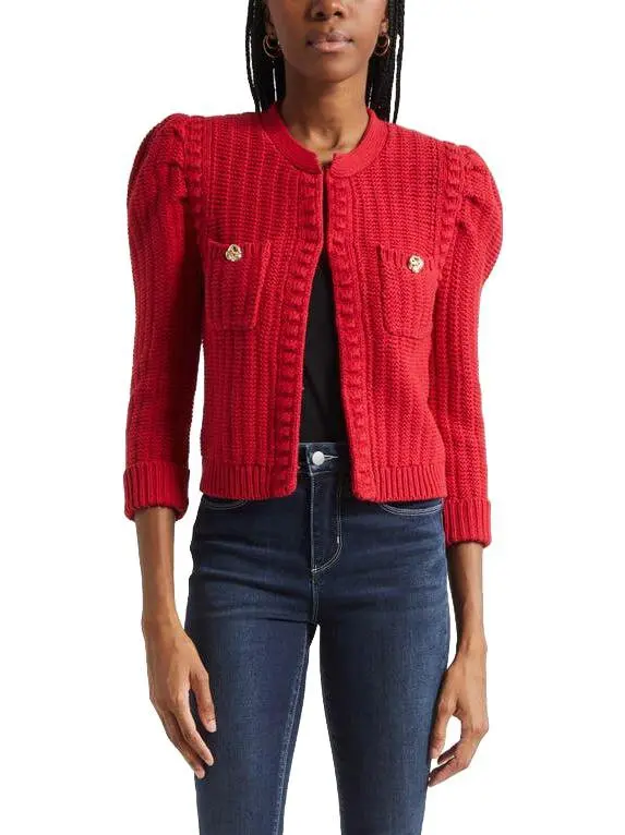 L'Agence Delli Juliet Sleeve Cotton Blend Cardigan - Engine Red/gold