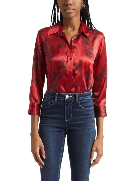 L'Agence Floral Print Silk Button-up Shirt - Painterfly Flower