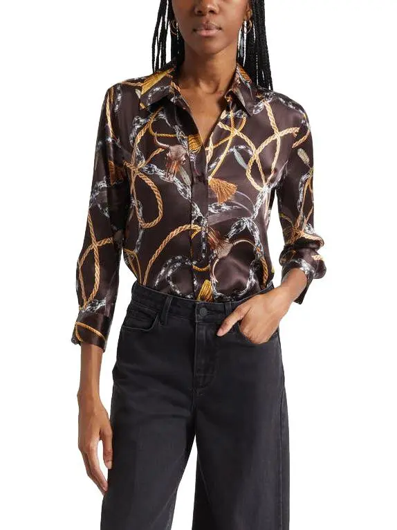 L'Agence Dani Western Chain Print Silk Shirt - Brown Multi Chain
