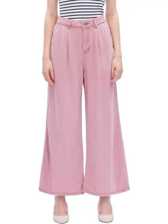 BAYEAS Pleated High-waist Wide-leg Ankle Pants - Pink