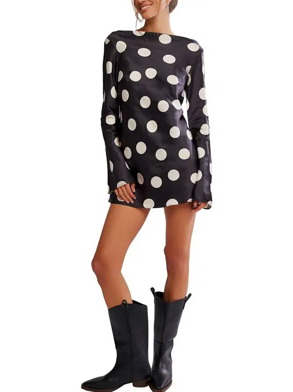 Free People Tigre Polka Dot Satin Mini Dress - Black Combo