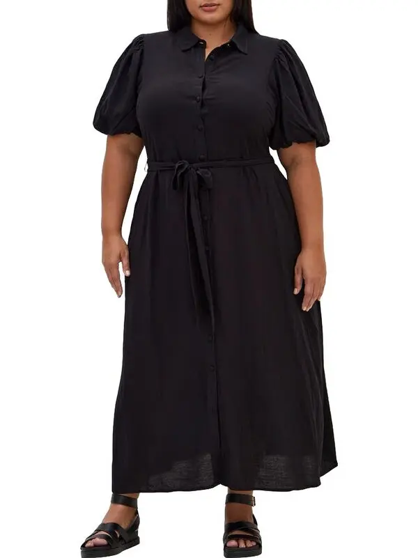 City Chic Freya Puff Sleeve Tie Belt Shirtdress - Black