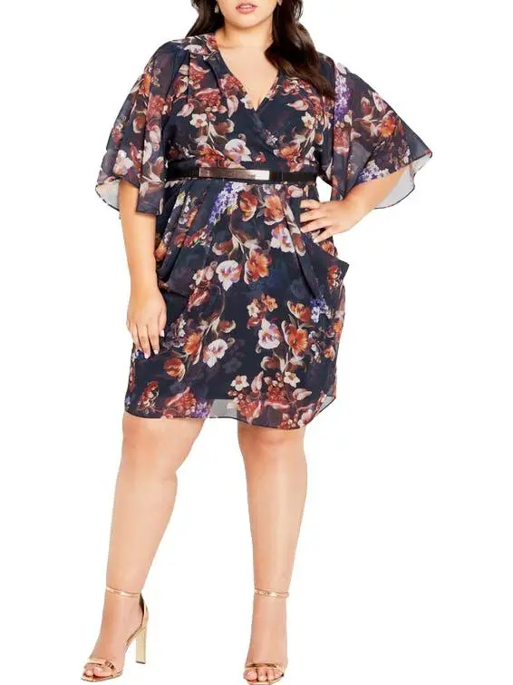 City Chic Floral Print Faux Wrap Minidress - Navy