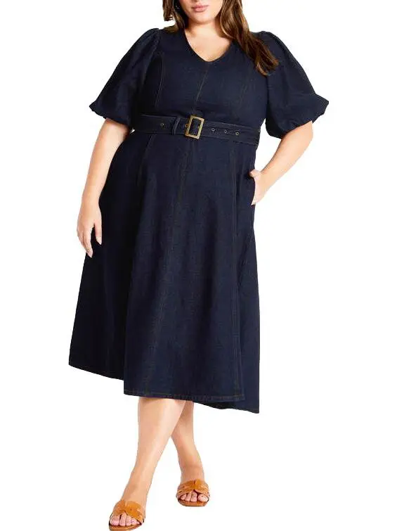 City Chic Sable Delilah Puff Sleeve Belted Denim Midi Dress - Dark Denim