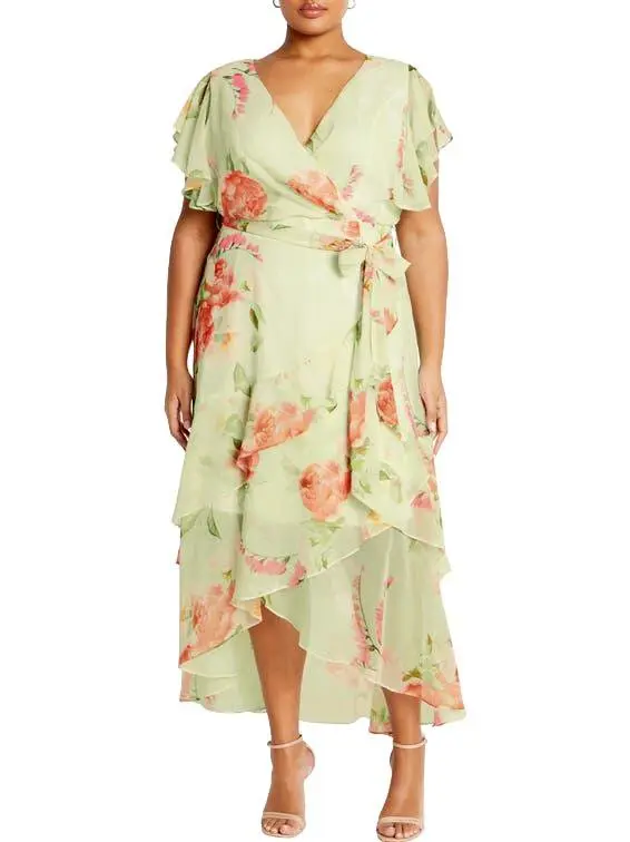 City Chic Floral High-low Faux-wrap Dress - Petal Print