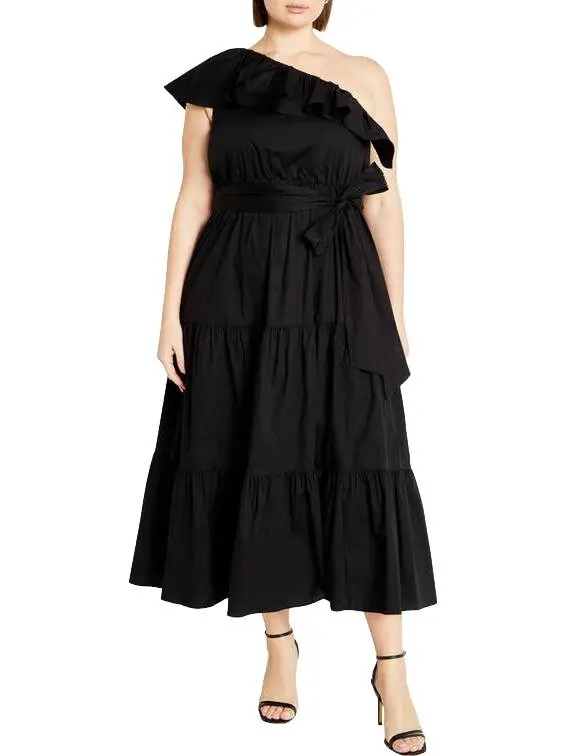 City Chic Kiama Ruffle One-shoulder Tie Belt Tiered Dress - Black