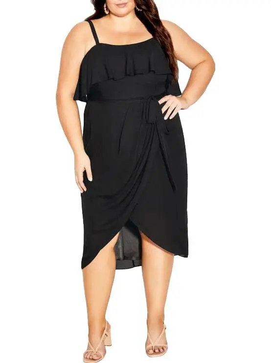 City Chic Fable Ruffle Tie Belt Dress - Black