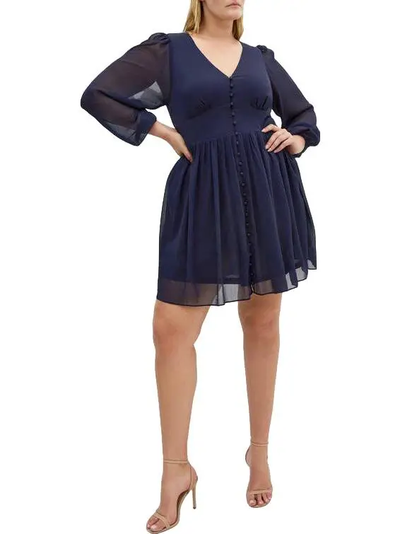 City Chic Serina Long Sleeve Flare Dress - Navy