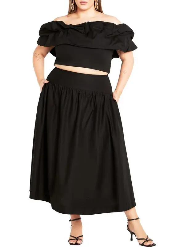 City Chic Kaia Off-the-shoulder Crop Top And Maxi Skirt Set - Black