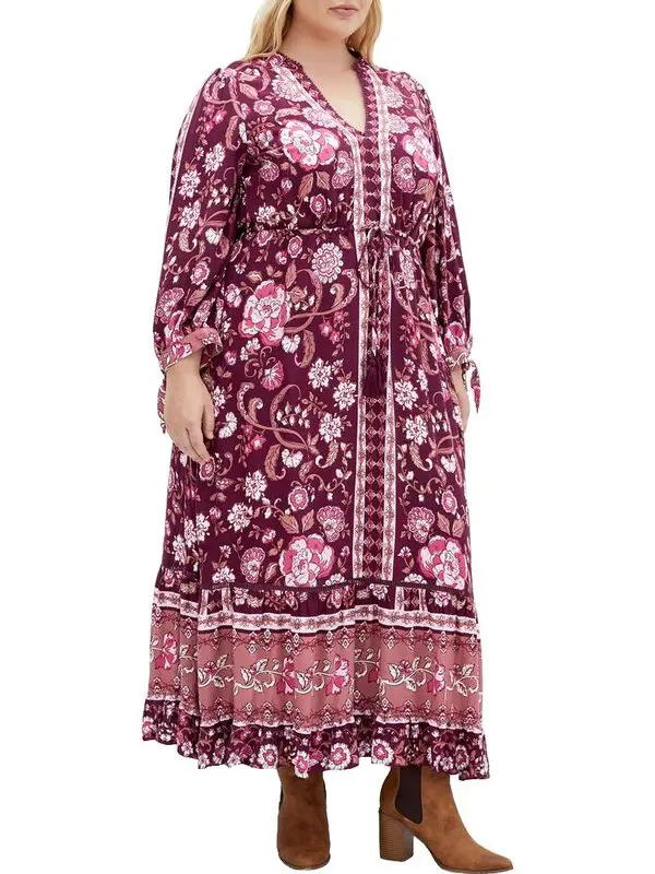 City Chic Trinity Print Long Sleeve Maxi Dress - Purple Print