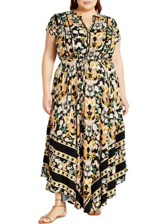 City Chic Zella Print Tie Waist Maxi Dress - Black Print