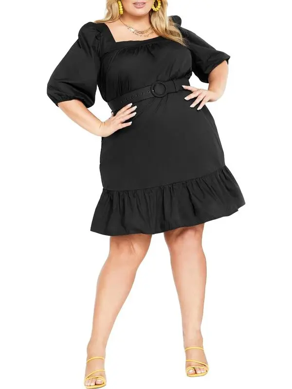 City Chic Belted Puff Sleeve Dress - Black