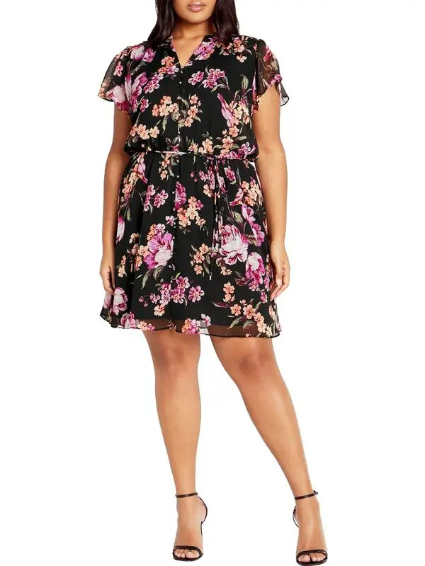 City Chic Margo Tie Waist Floral Dress - Print