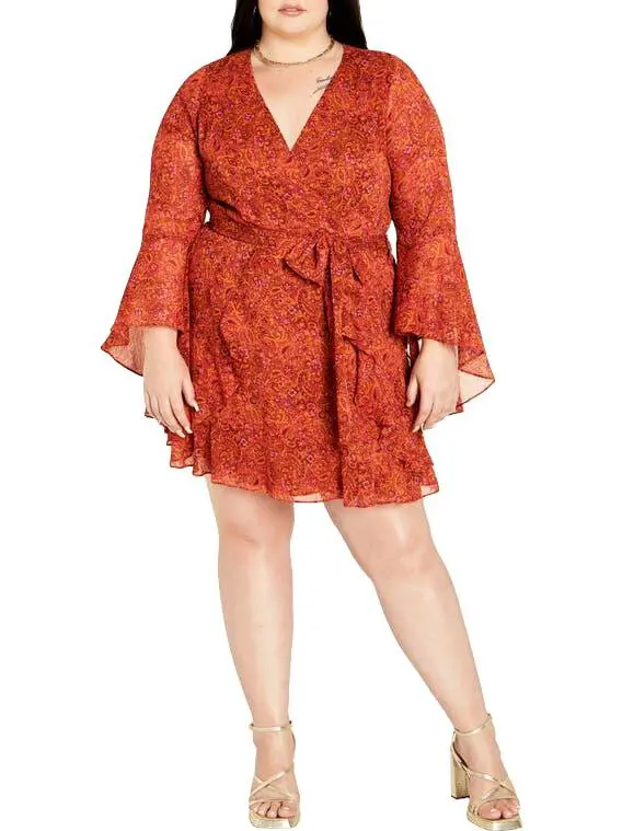 City Chic Lexi Long Sleeve Faux Wrap Minidress - Paisley