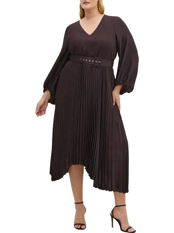 City Chic Amara Accordion Pleat Sateen Dress - Chocolate