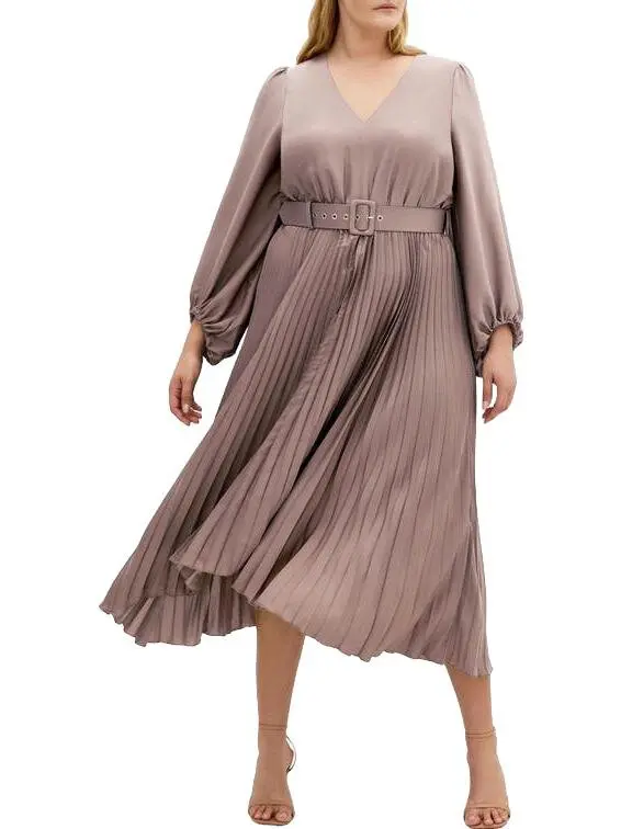 City Chic Amara Accordion Pleat Sateen Dress - Mink
