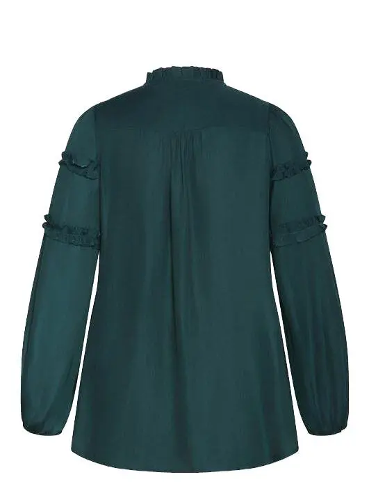 City Chic Ruffle Puff Sleeve Tie Neck Peasant Blouse - Emerald