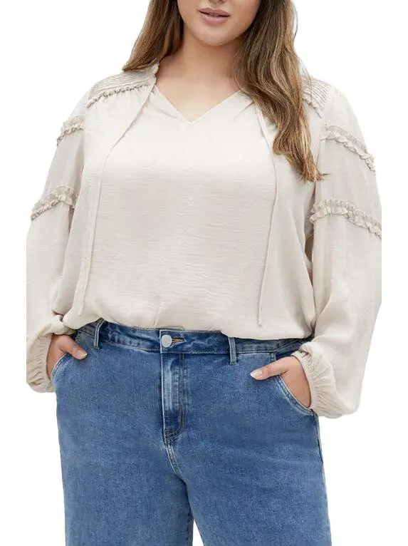 City Chic Ruffle Puff Sleeve Peasant Blouse - Porcelain