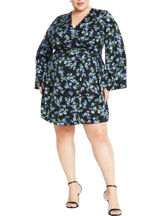City Chic Rivka Print Long Sleeve Wrap Dress - Blue Print