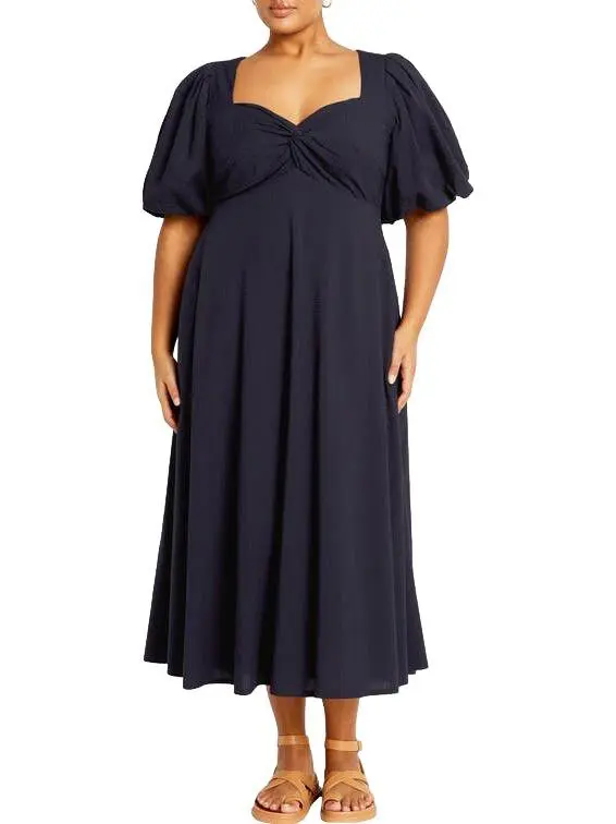 City Chic Makenzie Puff Sleeve Midi Dress - Navy