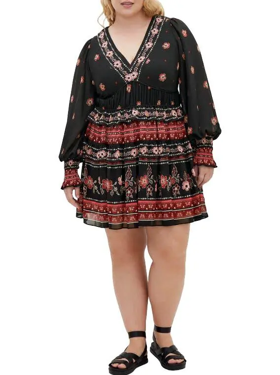 City Chic Ophelia Floral Print Long Sleeve Dress - Border Print