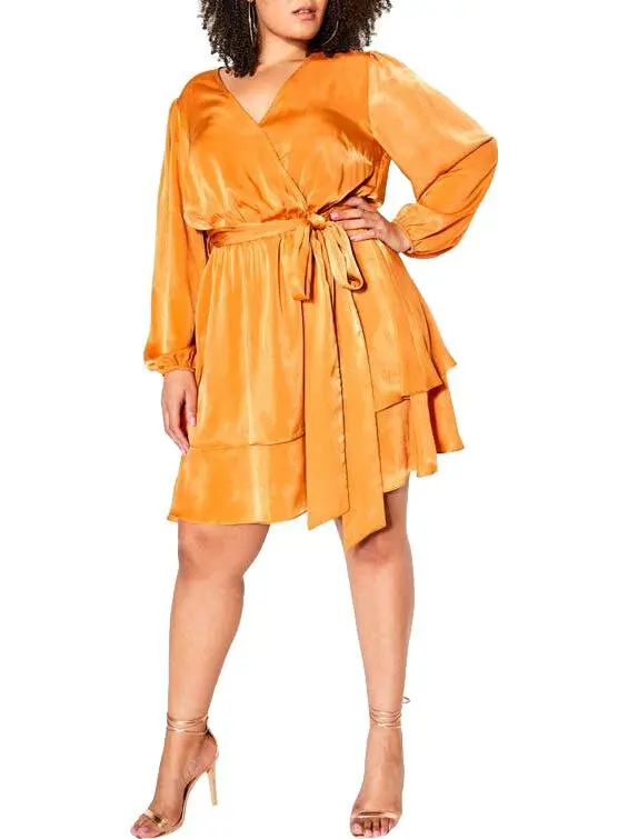 City Chic Faux-wrap Silhouette Long Sleeve Dress - Yellow Gold