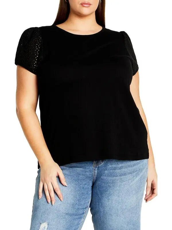 City Chic Linny Eyelet Sleeve Cotton Top - Black
