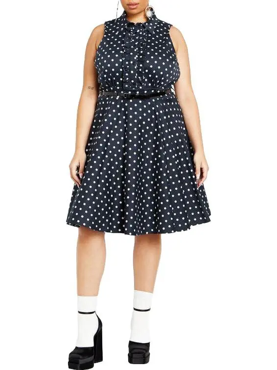 City Chic Nellie Polka Dot A-line Dress - Navy Spot